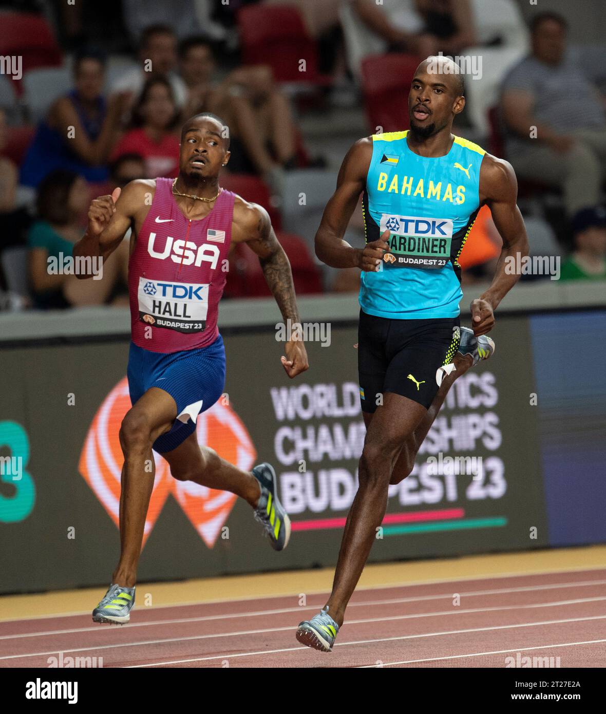 Quincy Hall of the USA and Steven Gardiner of the Bahamas competing in ...