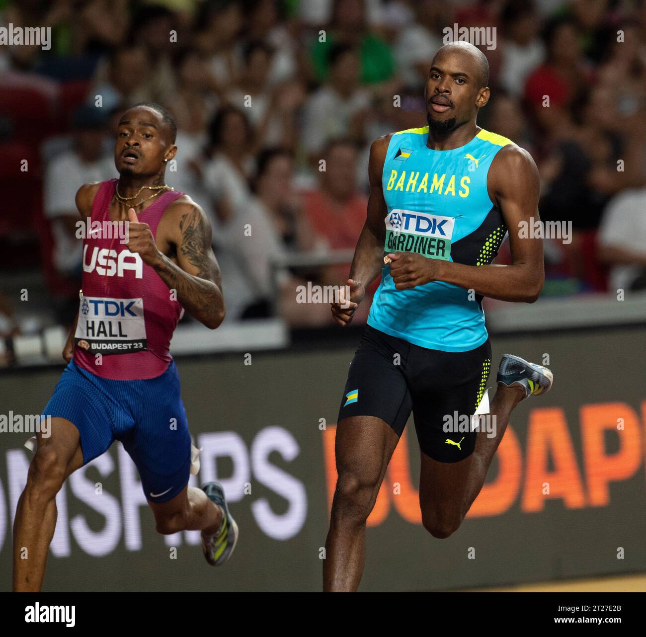 Quincy Hall of the USA and Steven Gardiner of the Bahamas competing in ...