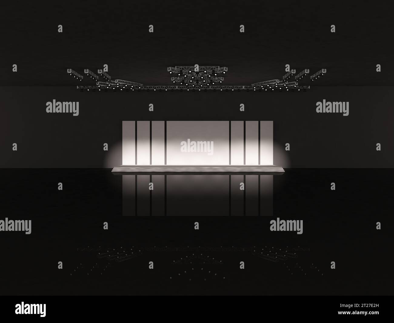 Event empty stage with stairs in front view, a screen for projection ...