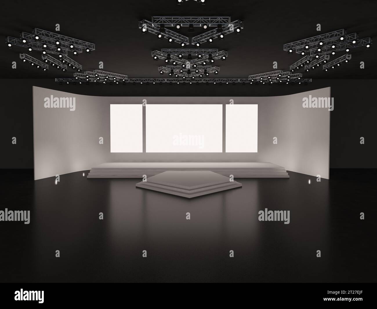 Event empty stage with stairs in front view, a rectangular center led ...