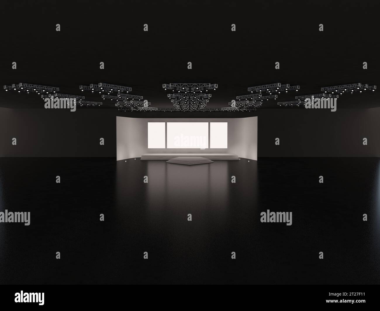 Event empty stage with stairs in front view, a rectangular center led ...