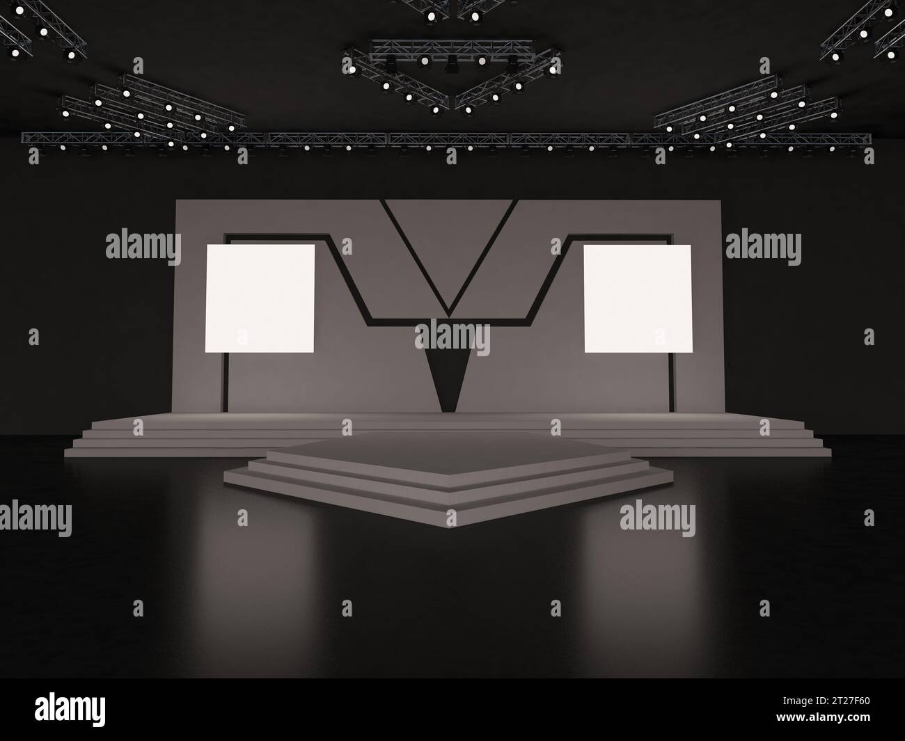 event Empty stage front view. with two sides square-led screen for ...