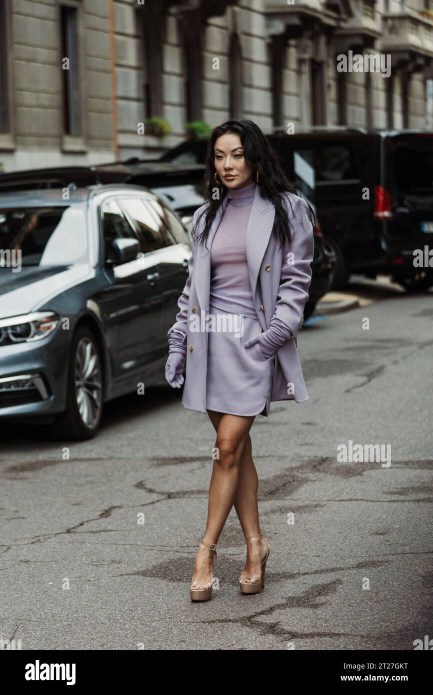 Jessica Wang wearing vinyl heels, all lilac outfit, seen outside MAX ...