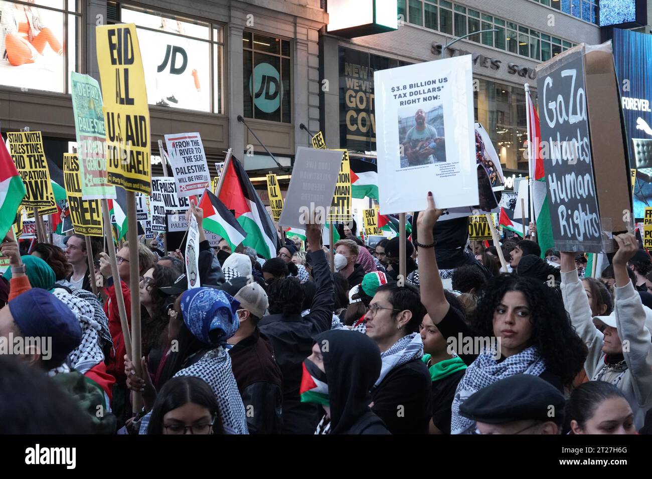 Pro-Palestinian protesters hold placards expressing their opinion ...