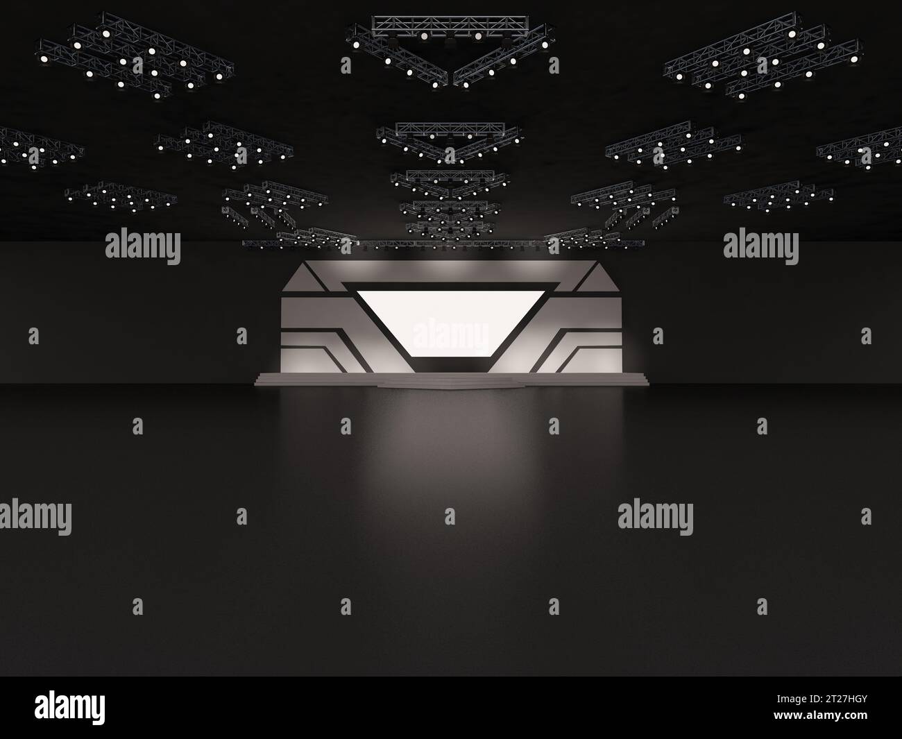 Event Futuristic High Tech Empty Stage Design With Stairs Front View Led Screen For Projection