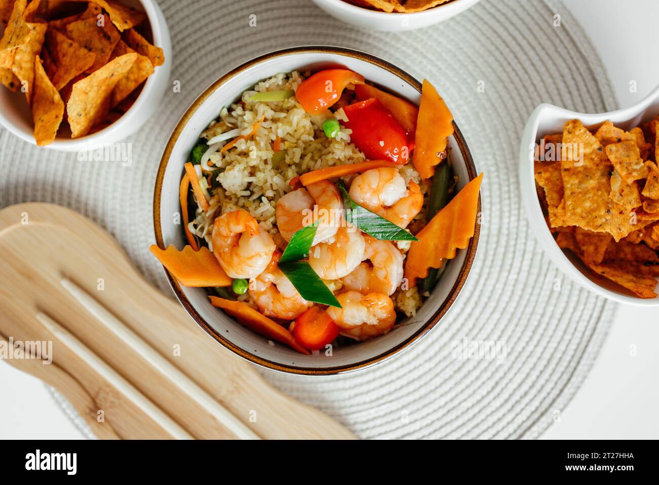 Fresh seafood recipe. Shrimp poke bowl with fresh prawn, brown rice ...