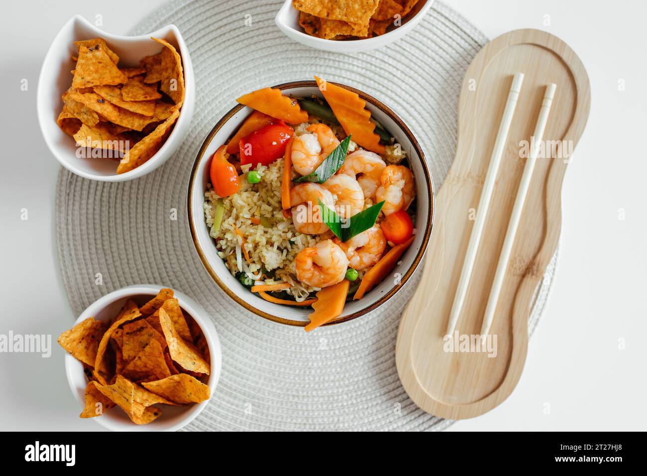 Fresh seafood recipe. Shrimp poke bowl with fresh prawn, brown rice ...