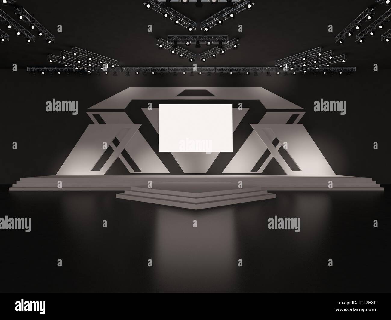 Event futuristic high-tech empty stage design with stairs. front view ...