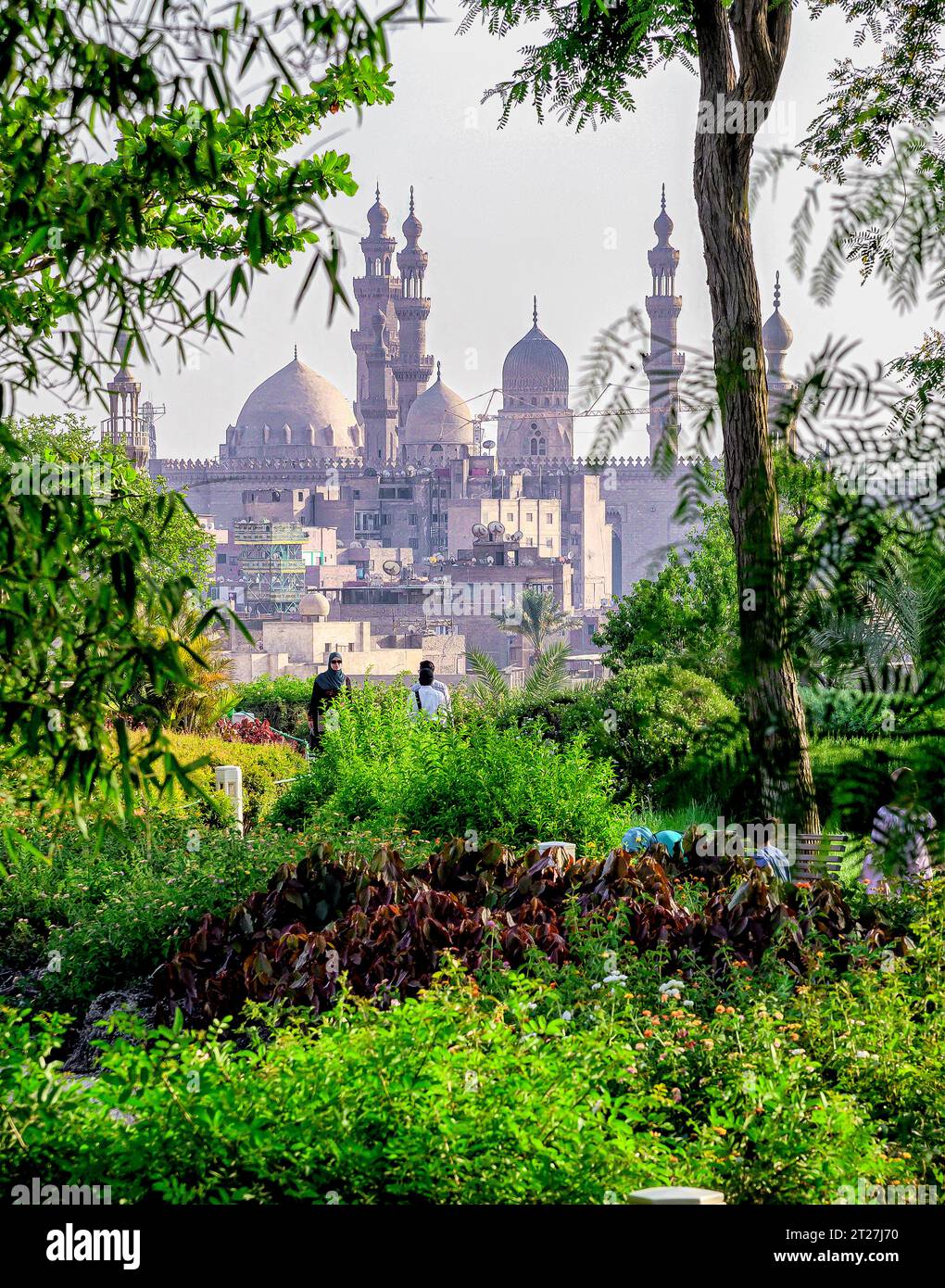 The domes and minarets of the Abu Dahab and Al-Azhar Mosques through ...