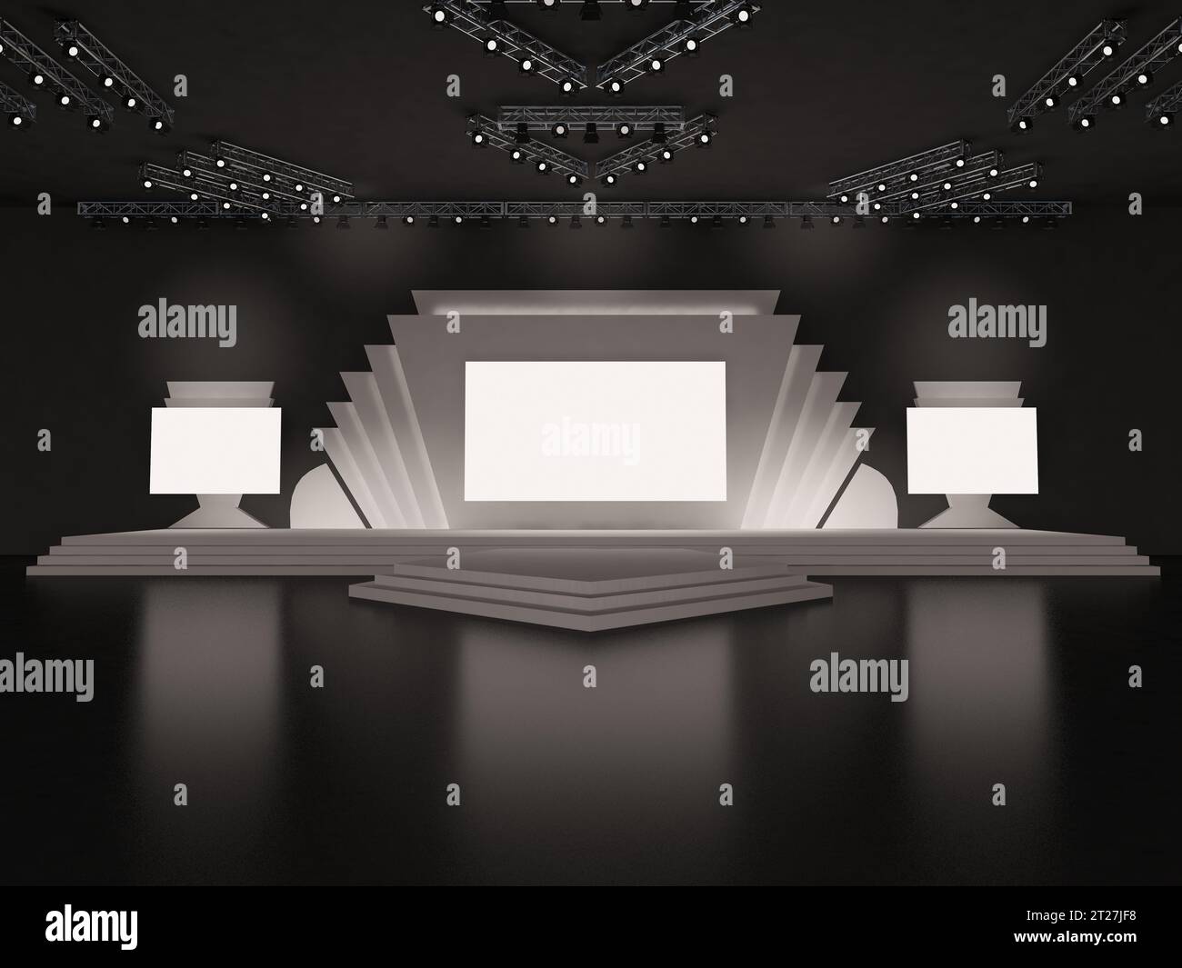 Event empty stage design with stairs front view. center rectangular led ...