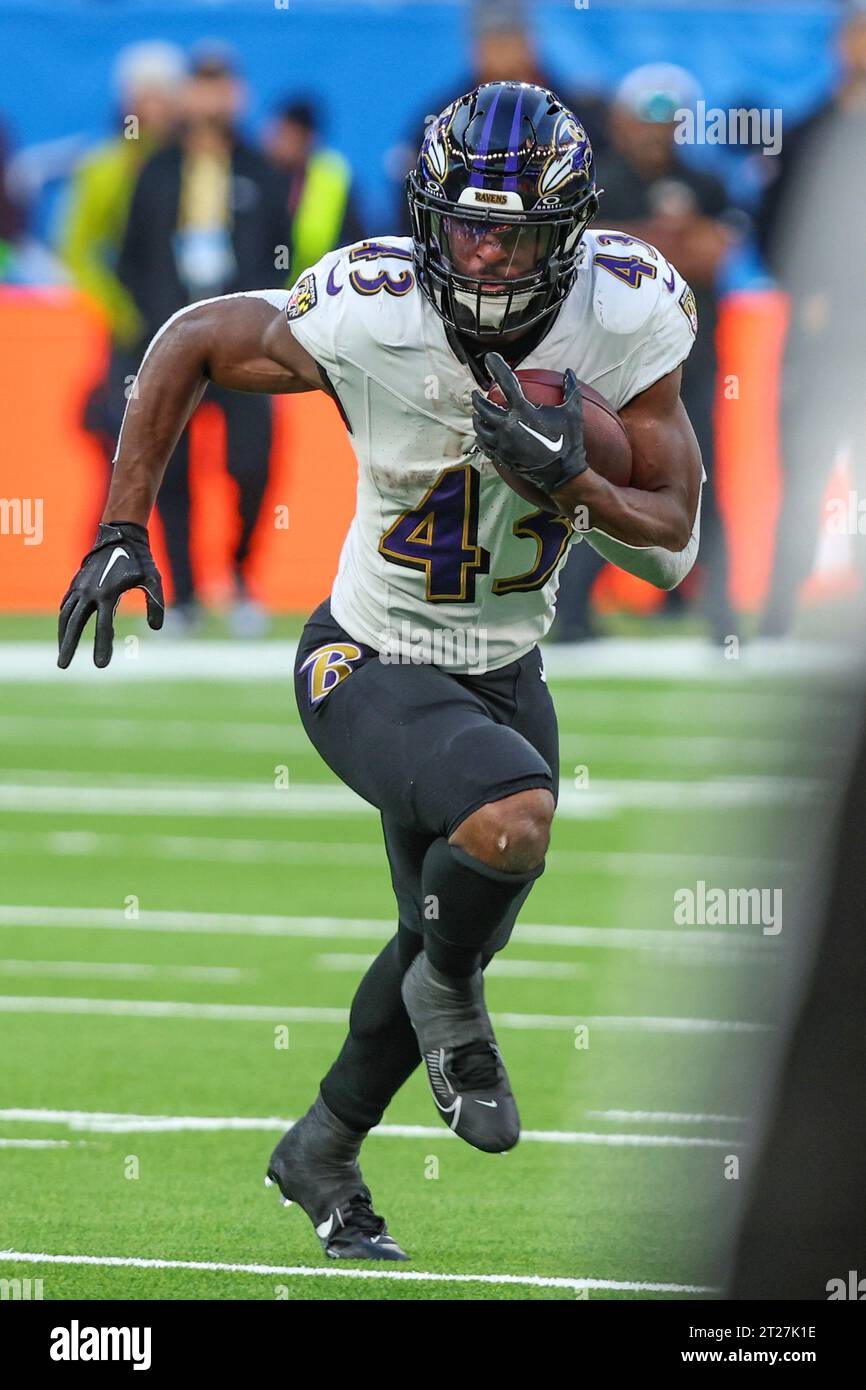 Baltimore Ravens running back Justice Hill (43) in action during an NFL ...