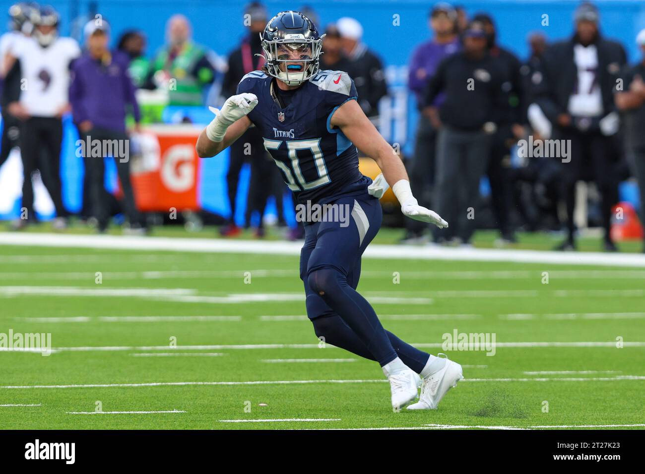 Tennessee Titans linebacker Jack Gibbens (50) in action during an NFL ...