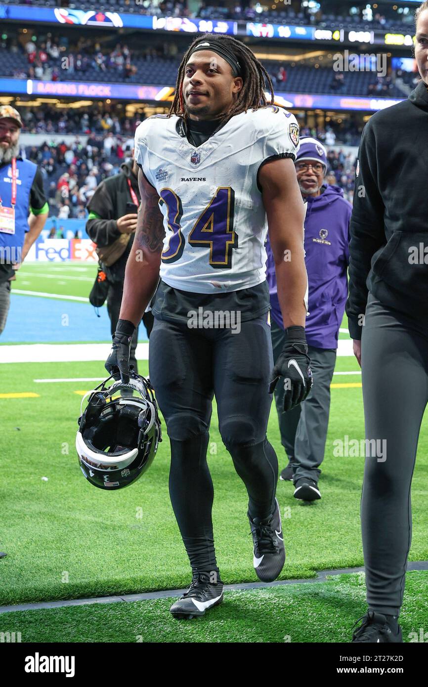 Baltimore Ravens running back Keaton Mitchell (34) walks off the field ...