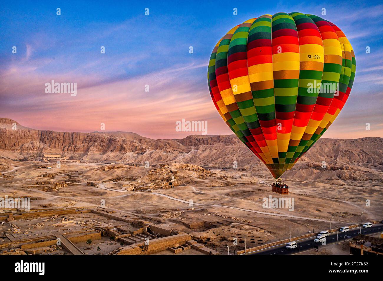 Hot air balloon flying over Tuthmosis III Mortuary Temple and ...