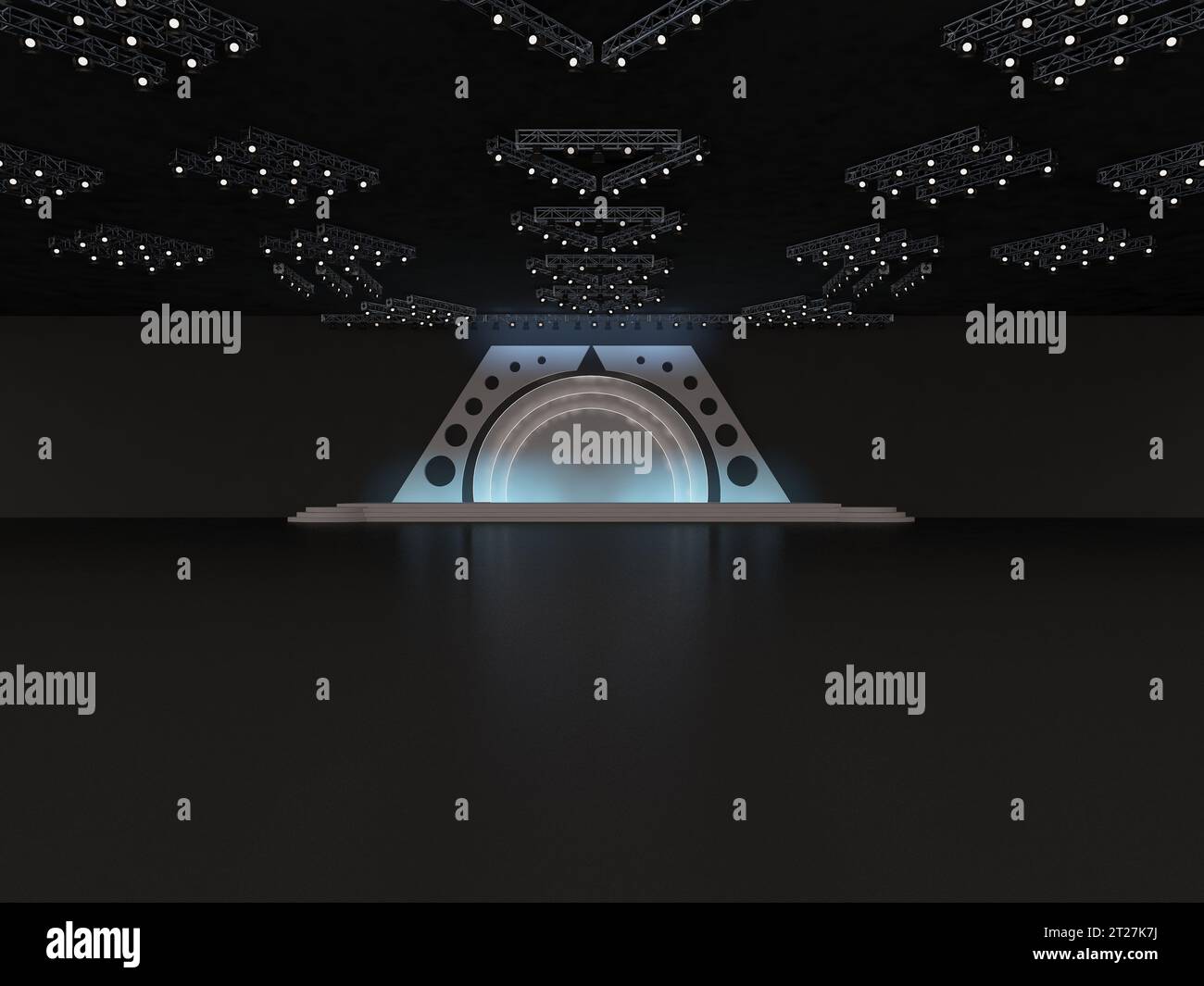 Event empty stage design with stairs front view. circle design backdrop ...