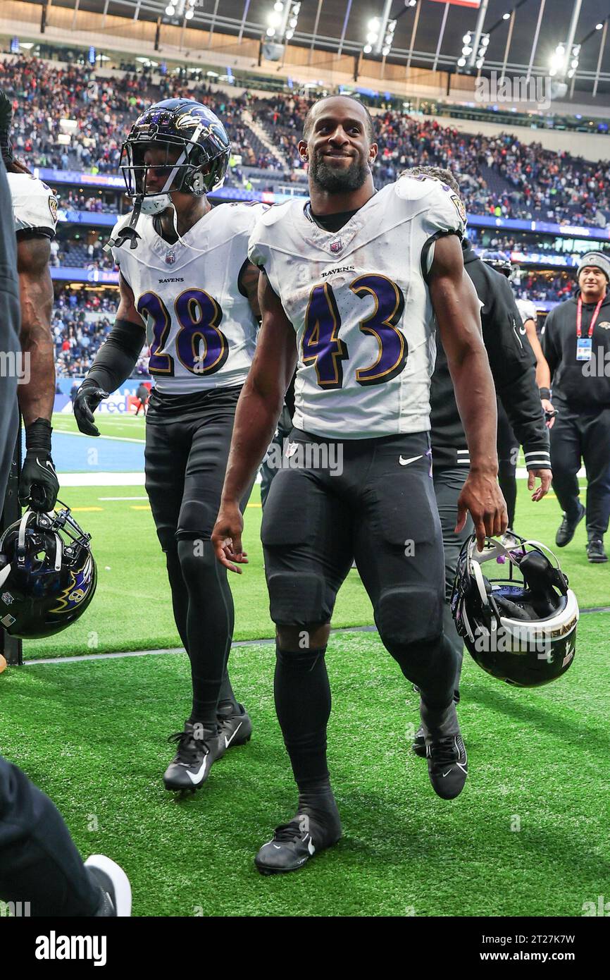 Baltimore Ravens running back Justice Hill (43) walks off the field ...