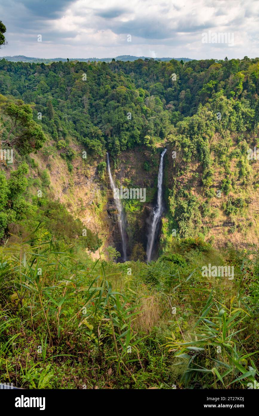 Two 120m waterfalls,in the Dong Hua Sao National Park on the Bolaven ...