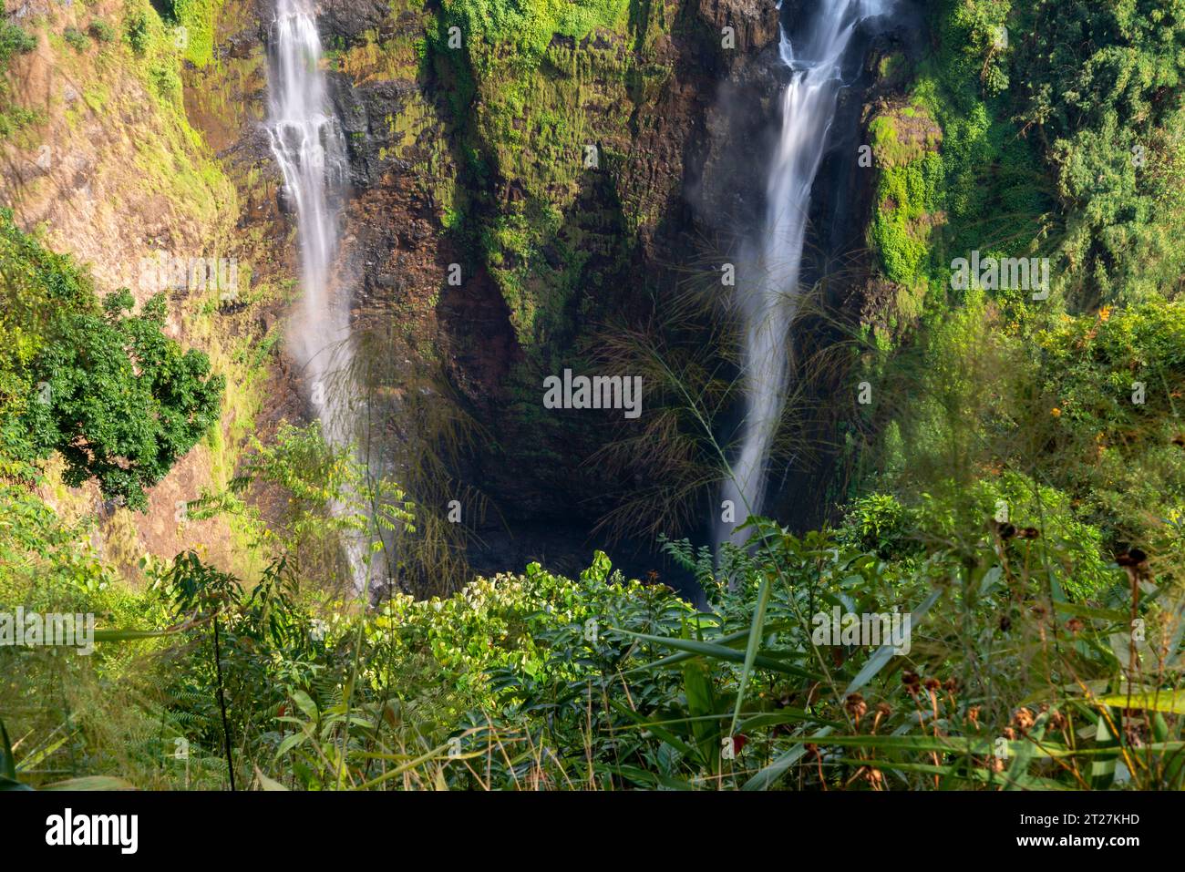 Two 120m waterfalls,in the Dong Hua Sao National Park on the Bolaven ...
