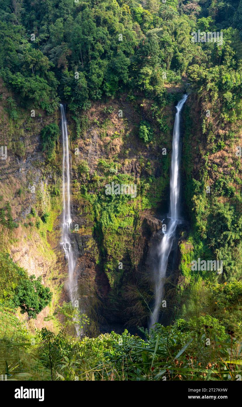 Two 120m waterfalls,in the Dong Hua Sao National Park on the Bolaven ...