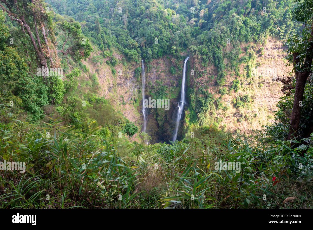 Two 120m waterfalls,in the Dong Hua Sao National Park on the Bolaven ...