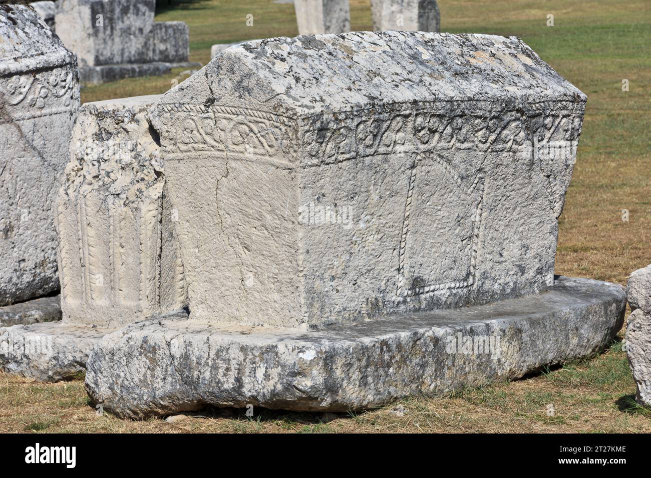 A beautifully engraved medieval chest/sarcophagus at the Radimlja ...