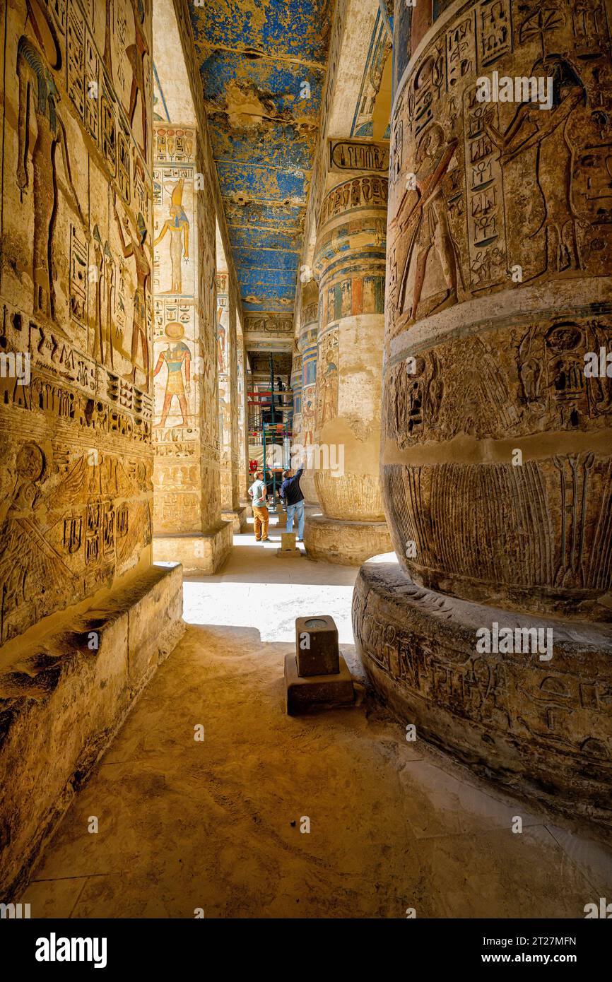 Restoration work in the portico of the Mortuary Temple of Ramses III in ...