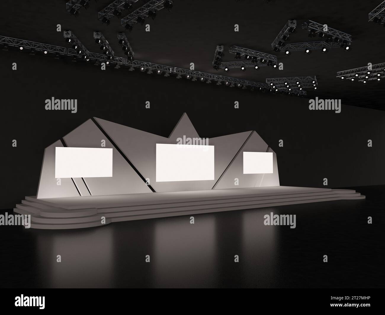 Event empty stage perspective view including stairs. with a half-star ...
