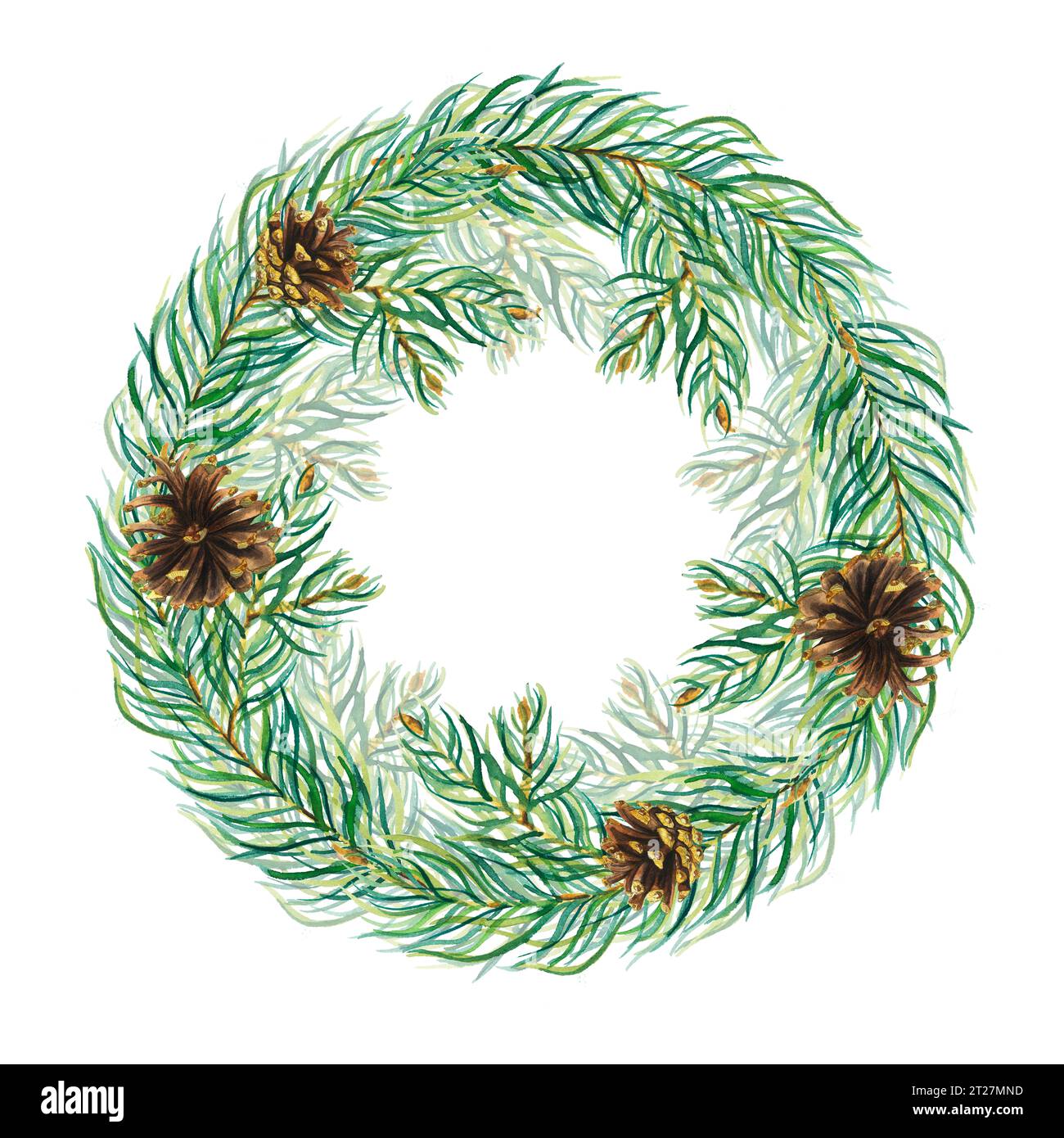 Watercolour Christmas wreath with berries, pine cones and tree branches ...