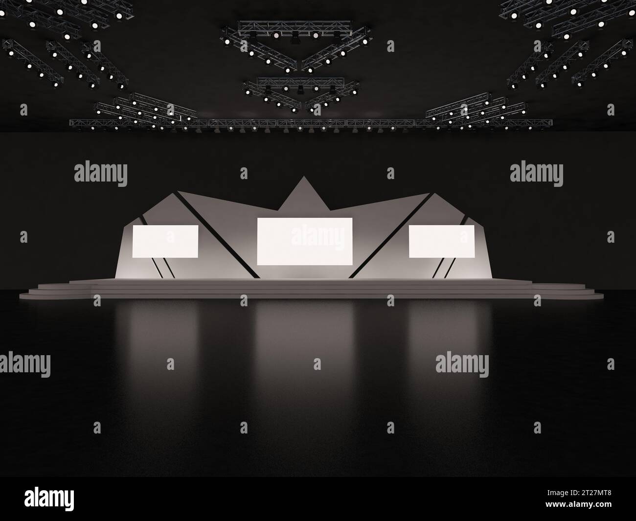 Event empty stage front view including stairs. with a half-star form ...
