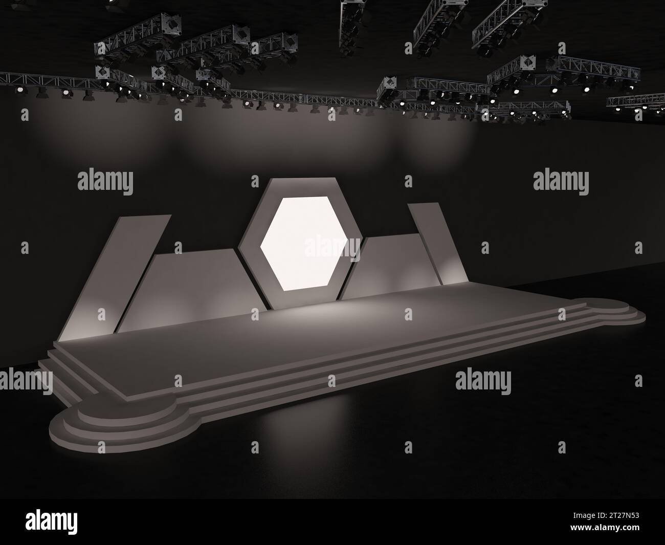 event stage with a hexagon-led screen and backdrop design with stairs ...