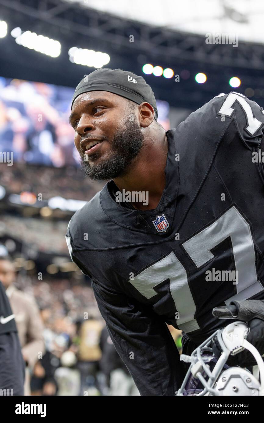 Las Vegas Raiders tackle Thayer Munford, Jr. (77) exits the field after ...