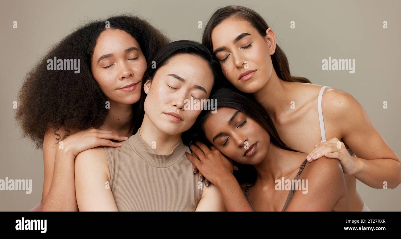 Diversity, beauty and women, portrait and cosmetics with wellness ...