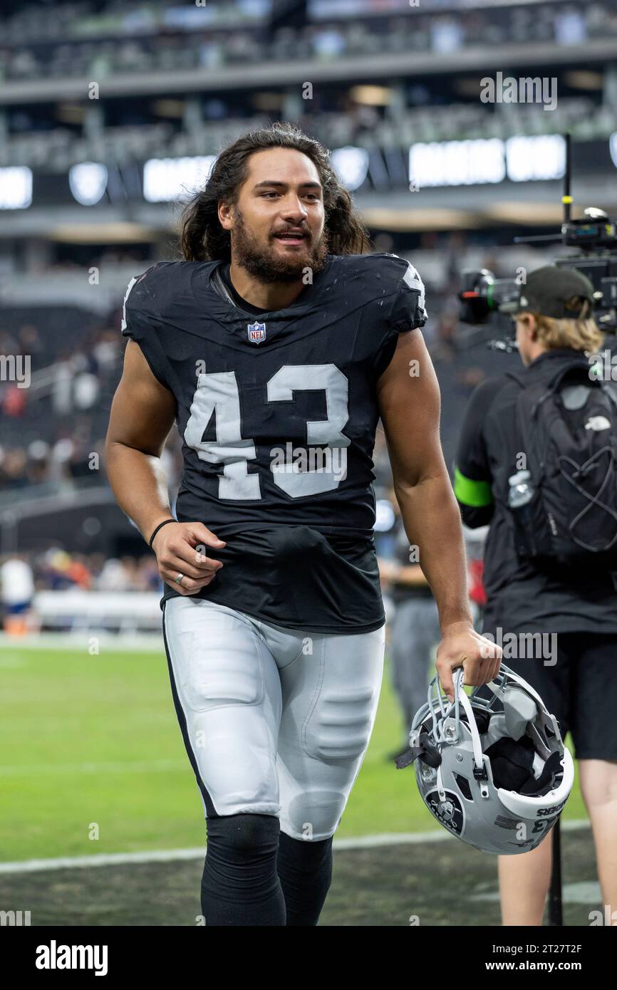Las Vegas Raiders linebacker Kana'i Mauga (43) walks off the field after the Raiders defeat the ...