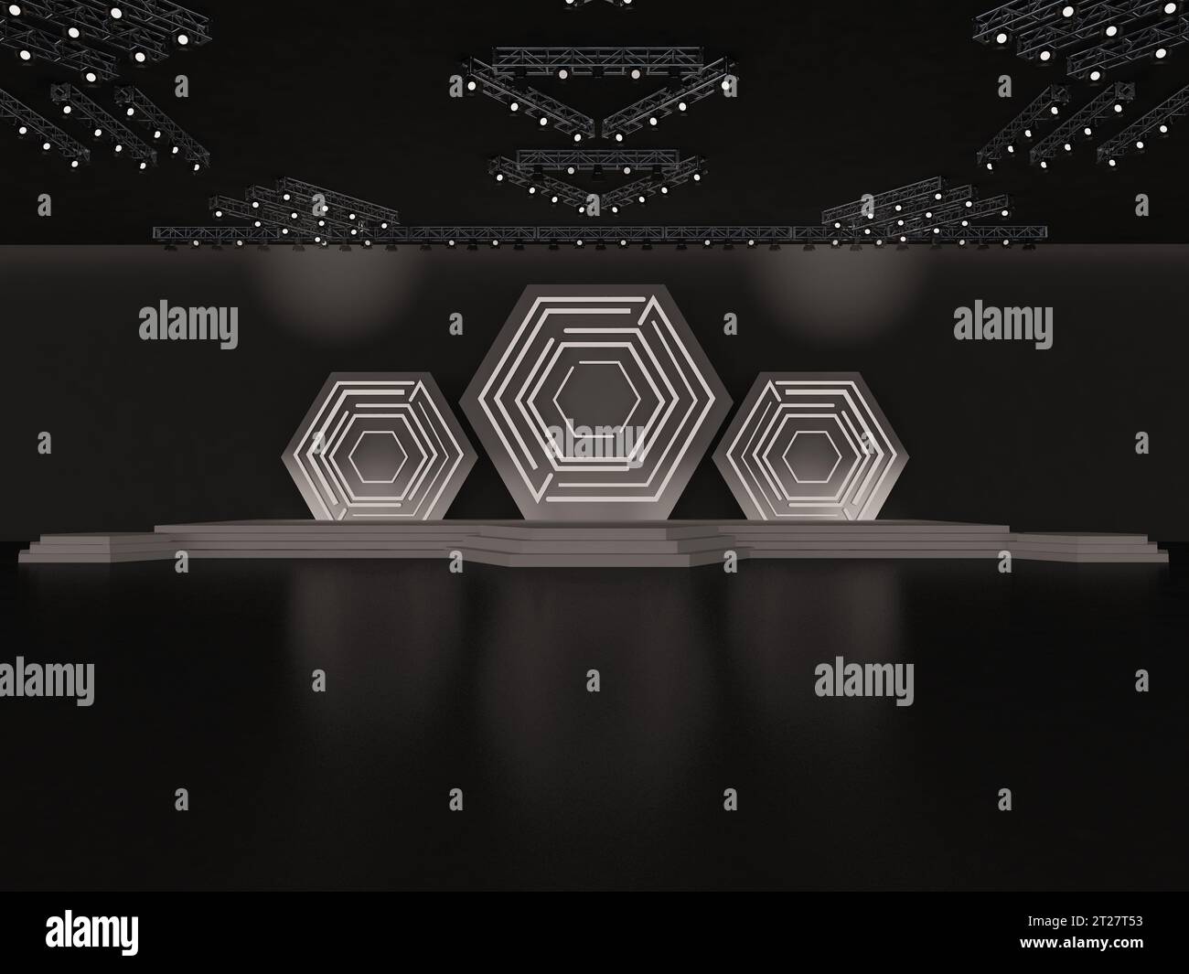 Event stage with a hexagon backdrop and-led effect and staging stairs ...