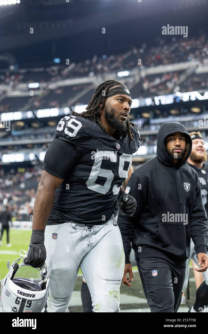 Las Vegas Raiders defensive tackle Adam Butler (69) walks off the field after the Raiders defeat ...