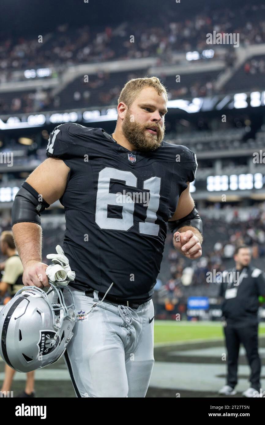 Las Vegas Raiders guard Jordan Meredith (61) walks off the field after the Raiders defeat the ...