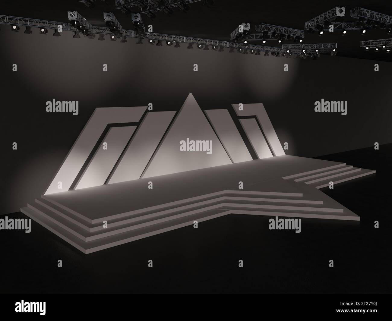 Event empty stage in perspective view with a triangle backdrop, staging ...