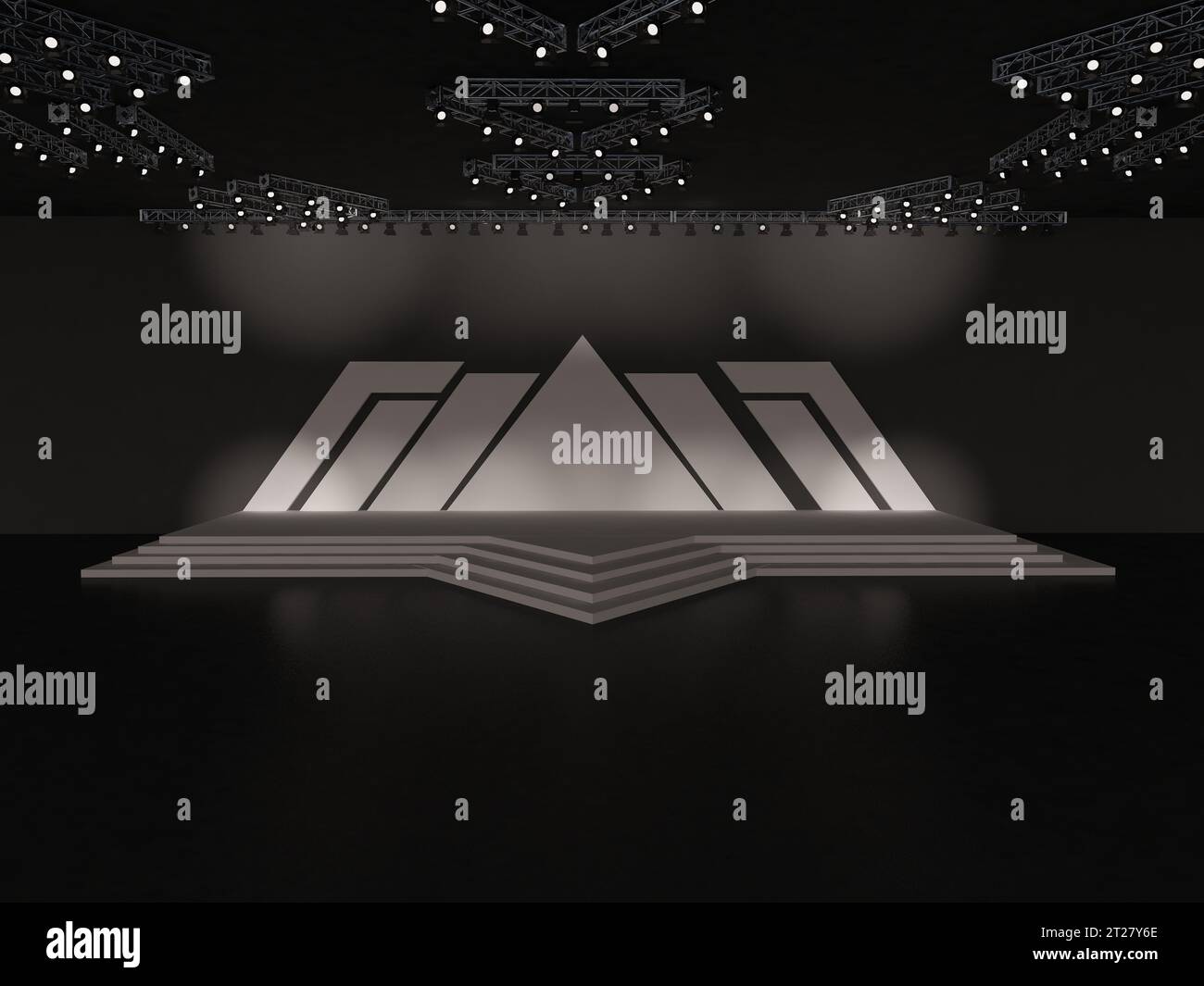 Event empty stage in front view with a triangle backdrop, staging ...