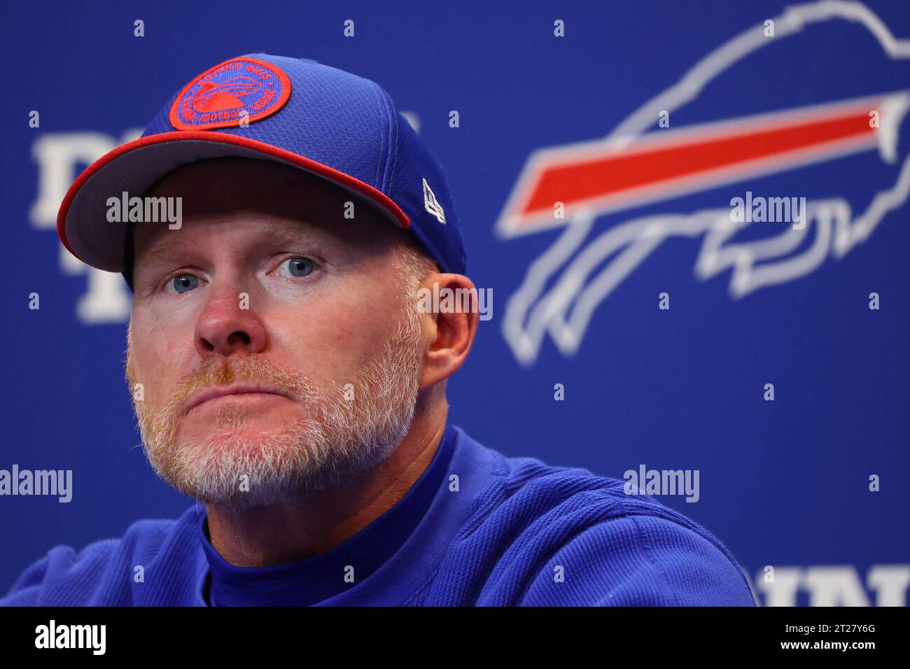 Buffalo Bills head coach Sean McDermott listens to a reporter's questions following an NFL ...