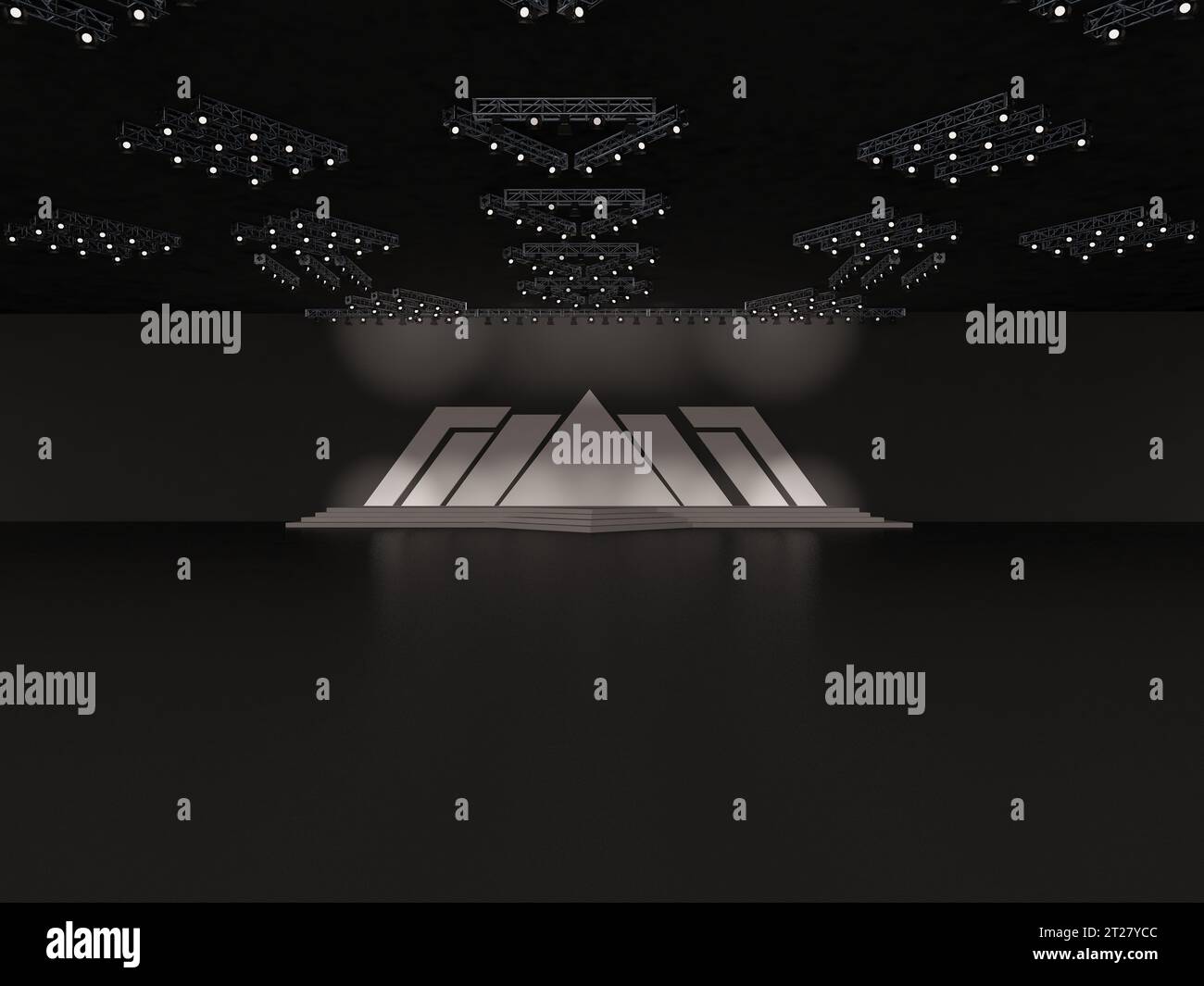 Event empty stage in front view with a triangle backdrop, staging ...