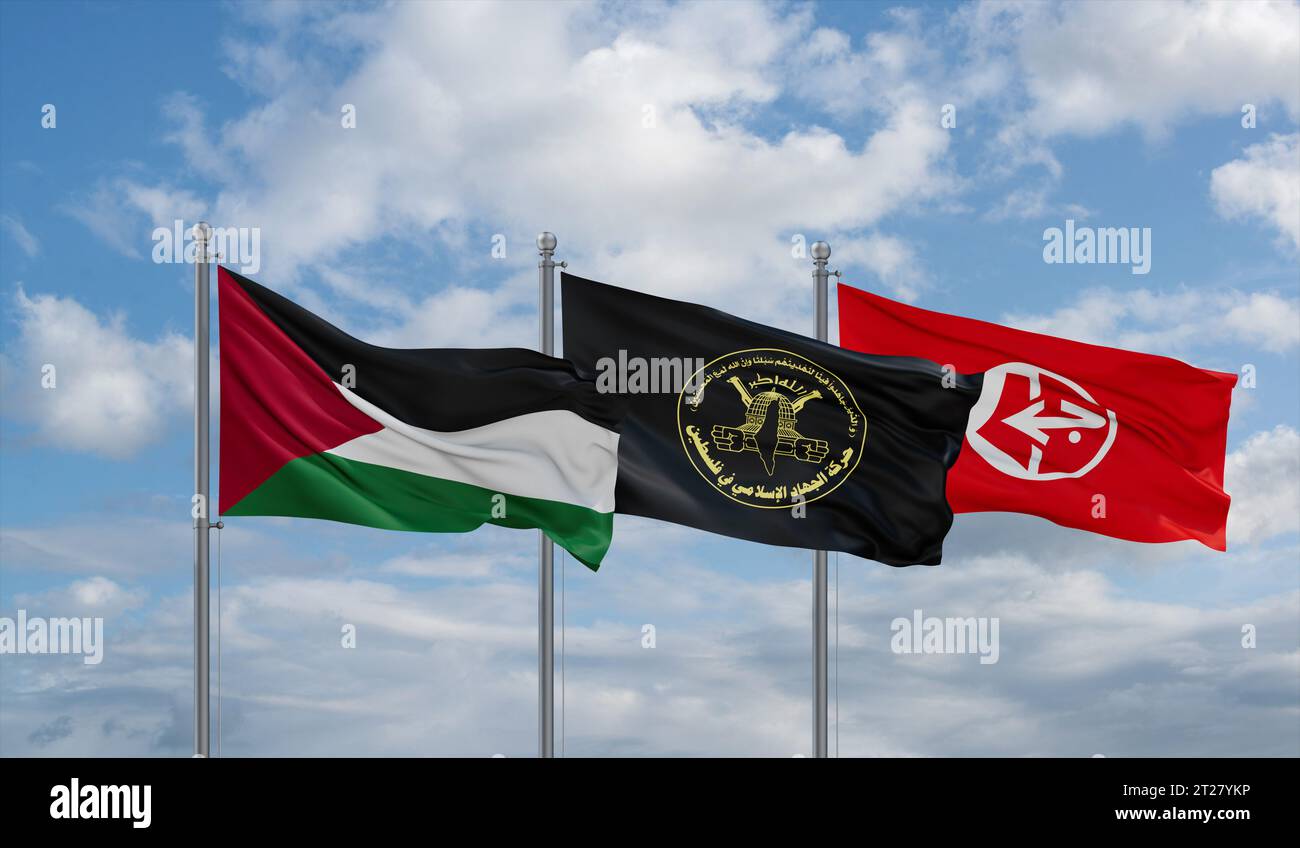 Palestine Liberation Organizations flags waving together in the wind ...