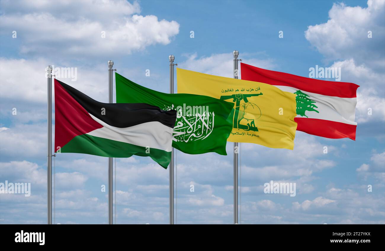 Palestine, Hamas Hezbollah and Lebanon flags waving in the wind Stock ...