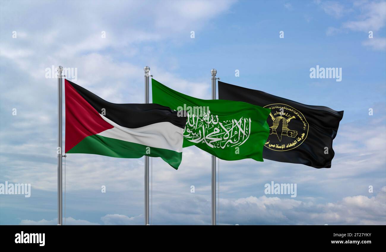 Palestine, PIJ and Hamas aka Islamic Resistance Movement flags waving ...