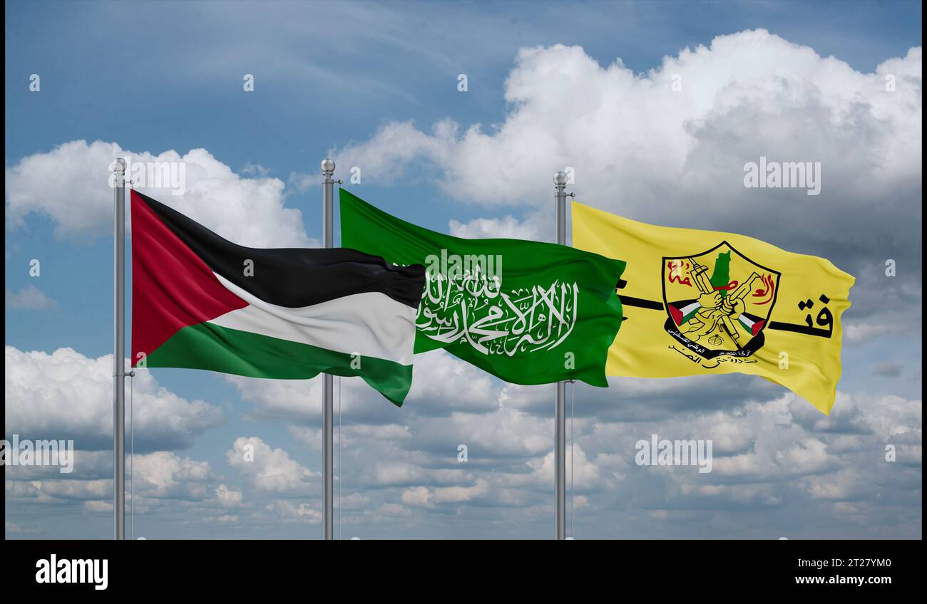 Palestine, Fatah and Hamas aka Islamic Resistance Movement flags waving ...