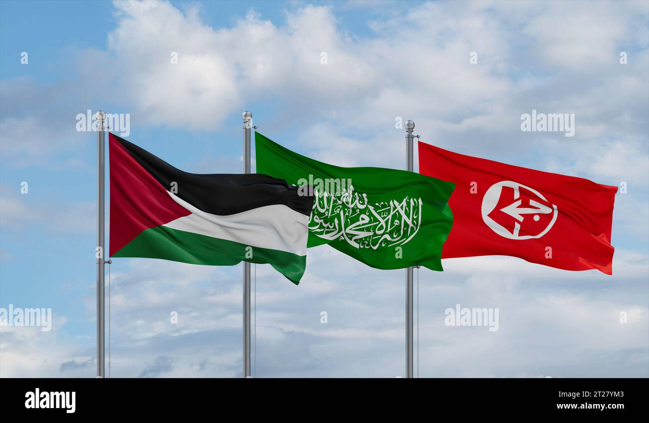 Palestine, PFLP and Hamas aka Islamic Resistance Movement flags waving ...