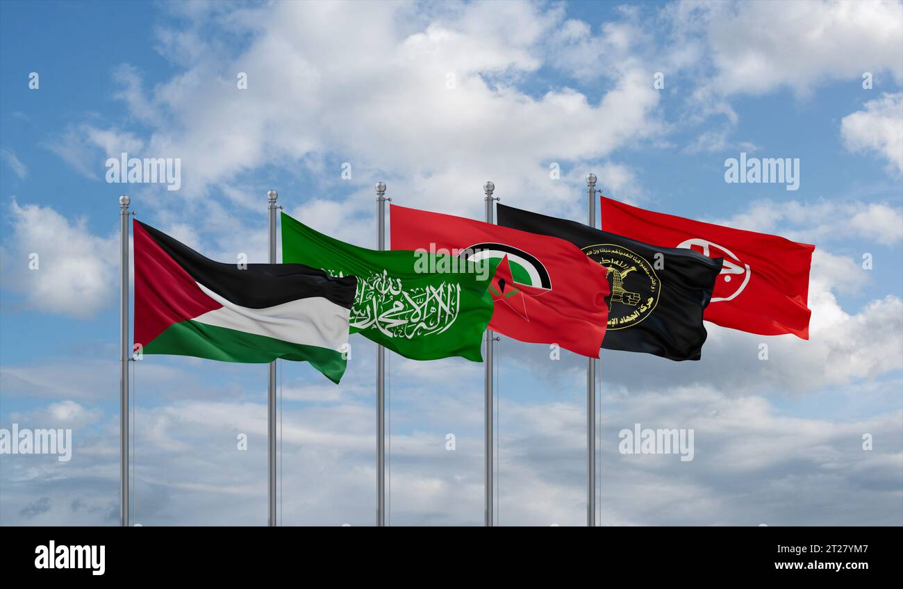 Palestine Liberation Organizations flags waving together in the wind ...