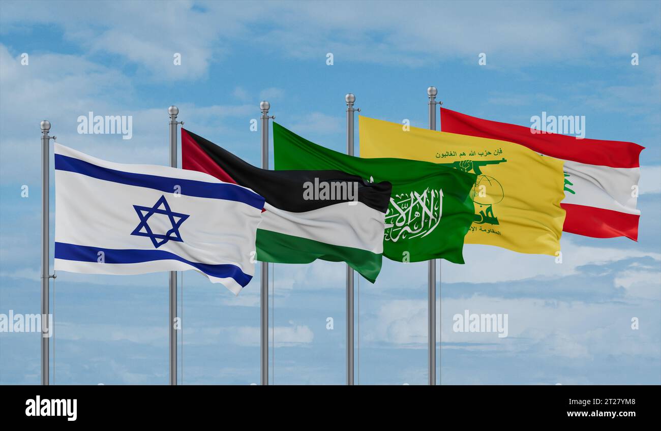 Israel, Hamas Hezbollah Lebanon and Palestine flags waving in the wind ...