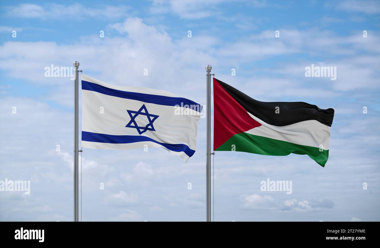 Israel and Palestine flags waving in the wind Stock Photo - Alamy