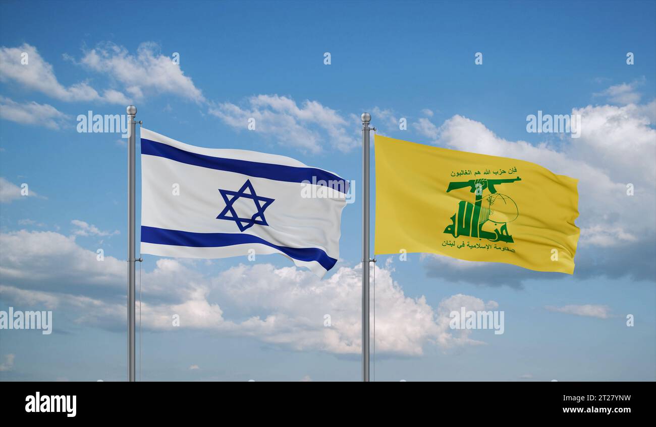 Israel and Hezbollah Lebanese Shia Islamist political party flag waving ...