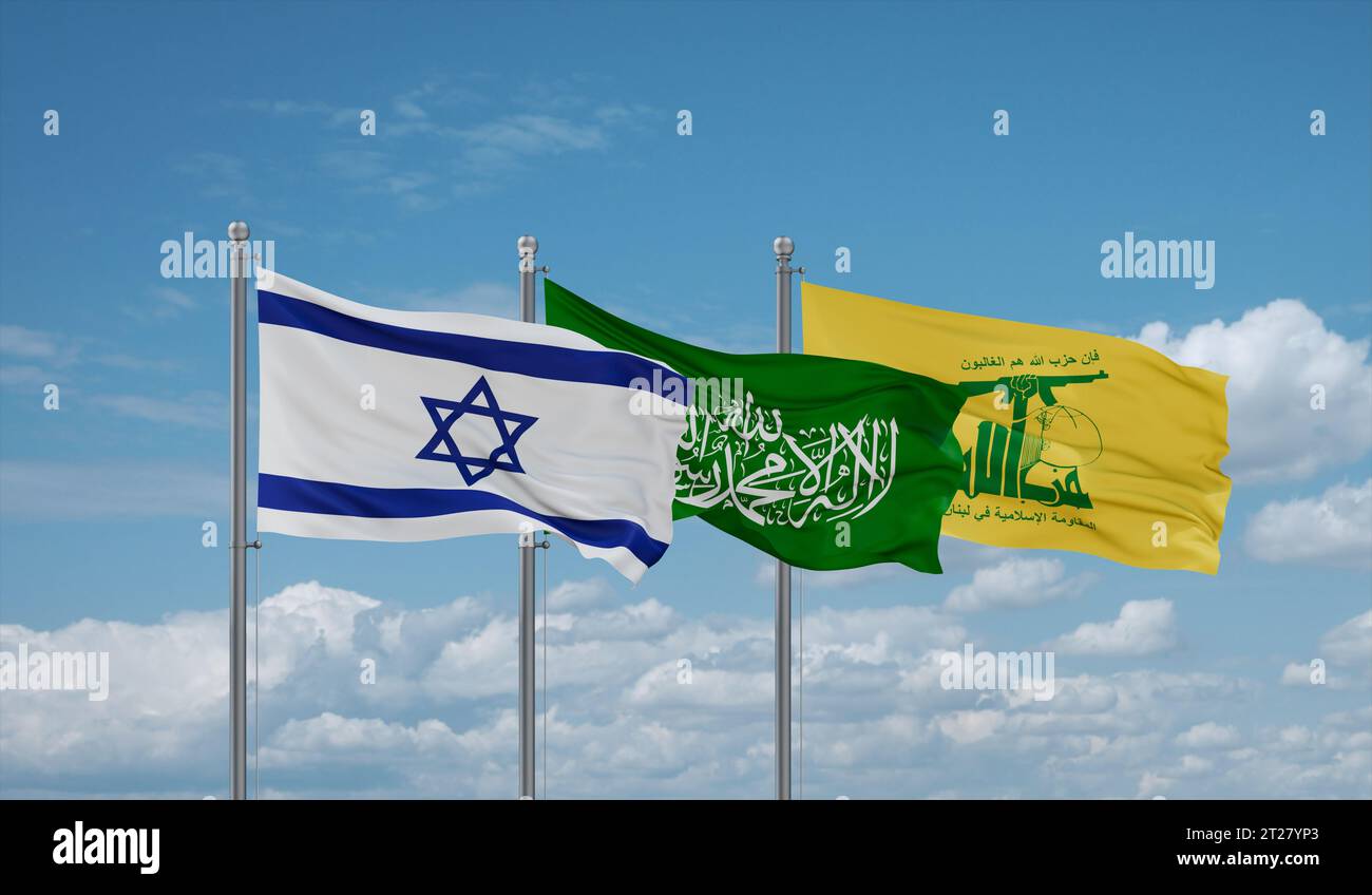 Israel, Hezbollah and Hamas aka Islamic Resistance Movement flags ...